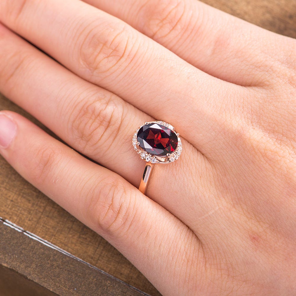 Garnet Engagement Ring Rose Gold January Birthstone Diamond Oval Cut ...