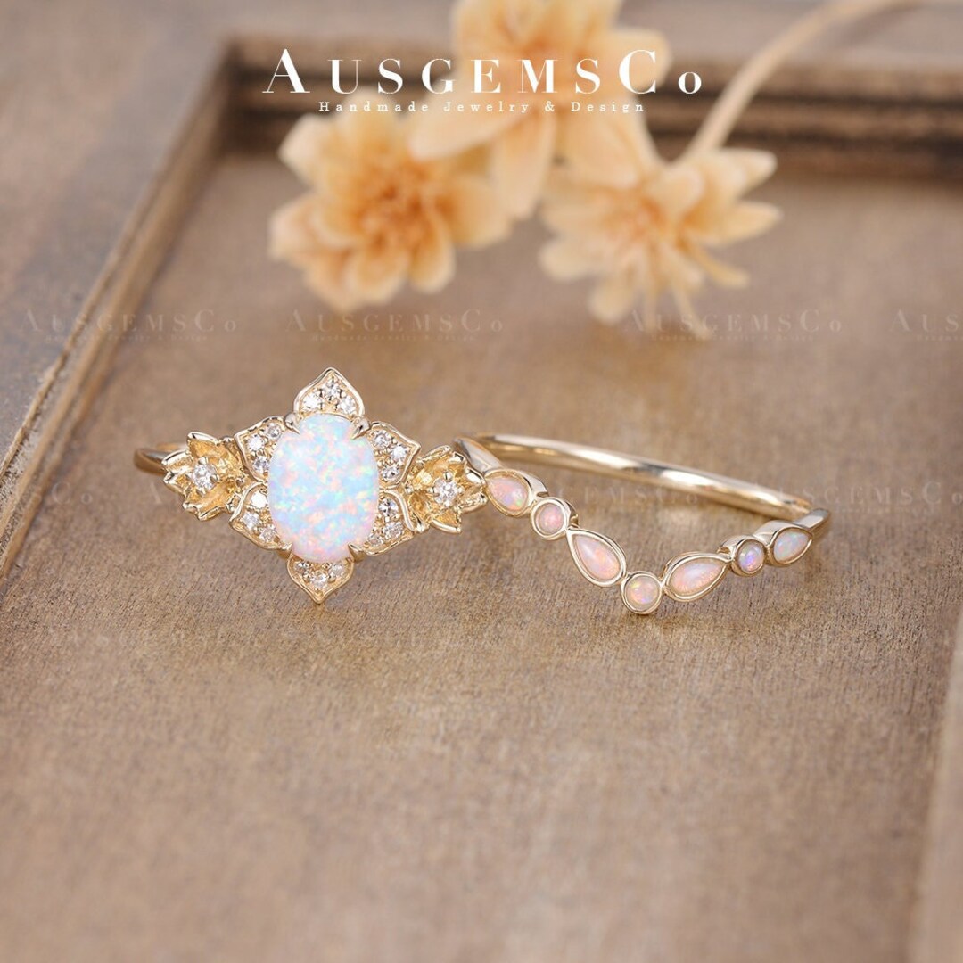 Vintage Opal Engagement Ring Set Oval Cut Flower Bridal Set Yellow Gold ...