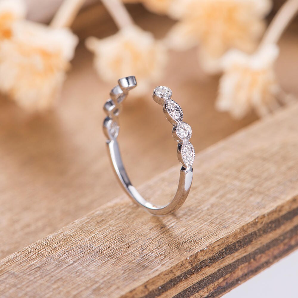 Open Ring Wedding Band Women Art Deco Diamond Eternity Band Adjustable ...