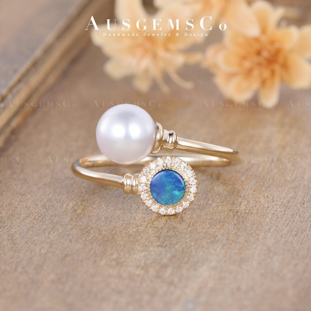Natural Akoya Pearl Opal Engagement Ring Unique Blue Opal Statement ...