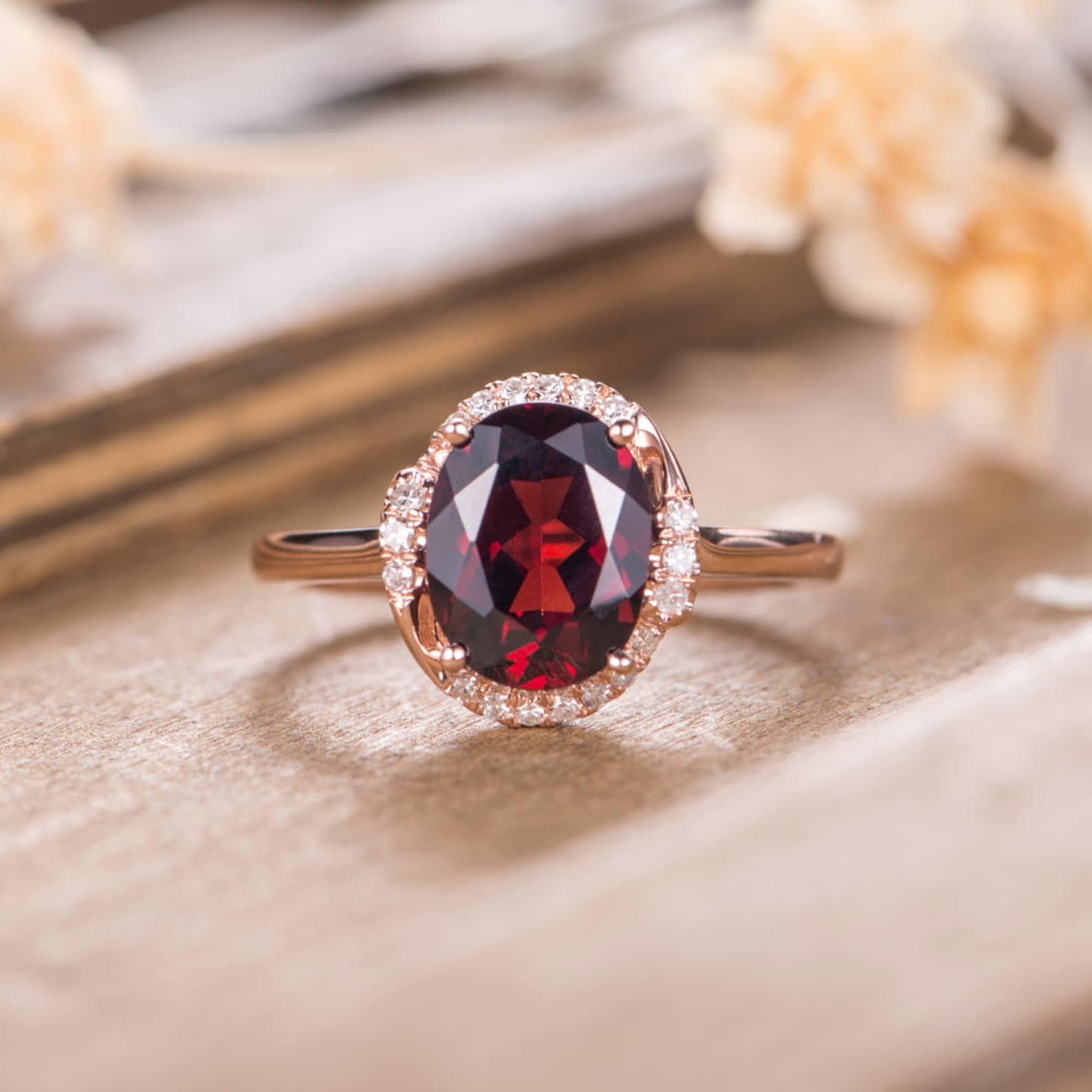 Garnet Engagement Ring Rose Gold January Birthstone Diamond Oval Cut ...