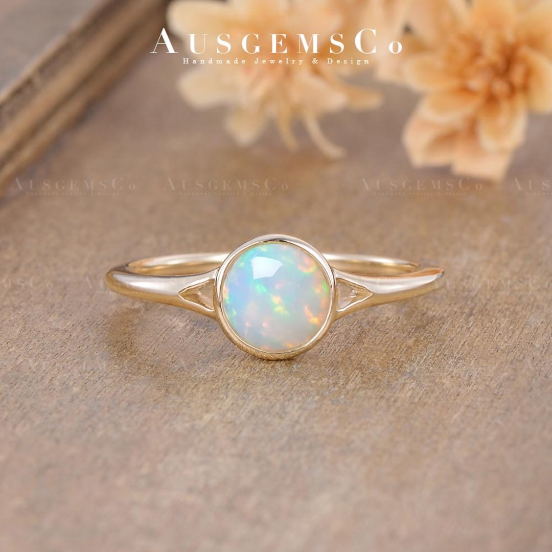 Dainty Bezel Opal Engagement Ring Minimalist Australian Opal Wedding Ring Split Shank Yellow ...