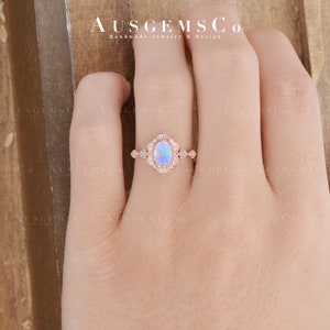 Antique Flower Opal Engagement Ring Rose Gold Oval Fire Opal Wedding Ring Women Diamond Halo ...