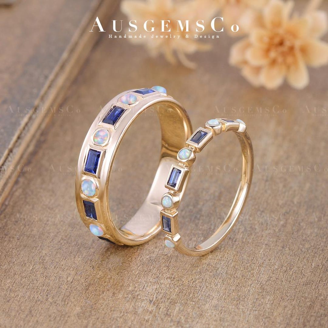 Unique Bezel Set Opal Couple Rings Set Baguette Cut Sapphire His and ...