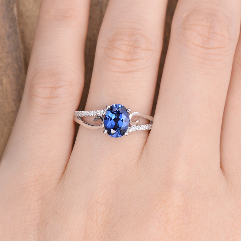 Blue Sapphire Engagement Ring White Gold Oval Cut Bridal Promise Ring ...