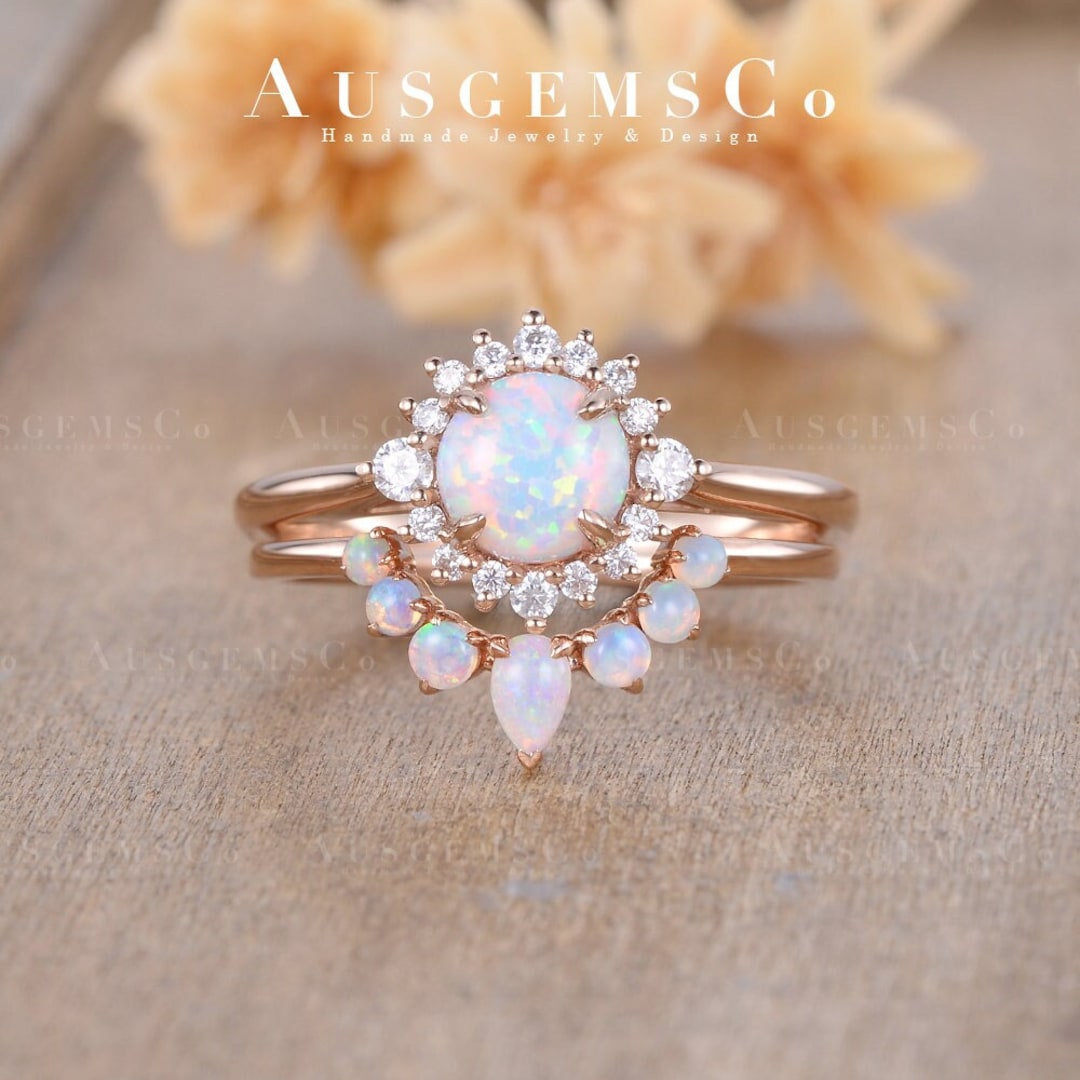Opal Engagement Ring Rose Gold Flower Opal Bridal Set Halo - Etsy