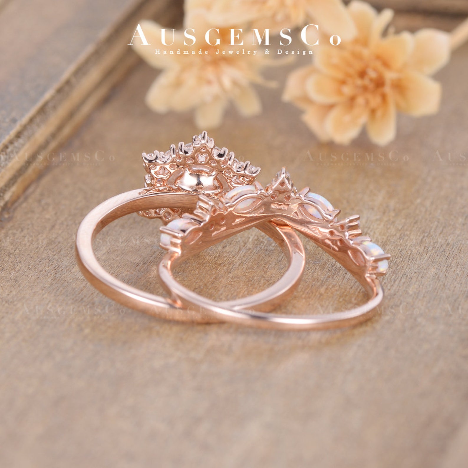 Vintage Akoya Pearl Engagement Ring Set Halo Moissanite Flower Bridal ...