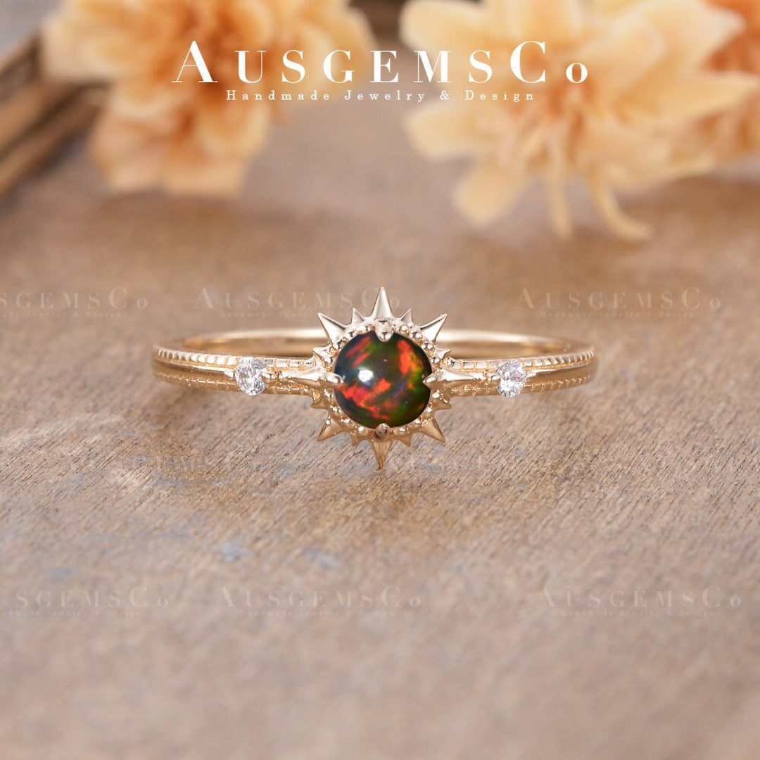 Vintage Black Opal Engagement Ring Yellow Gold Sun Engagement Ring ...
