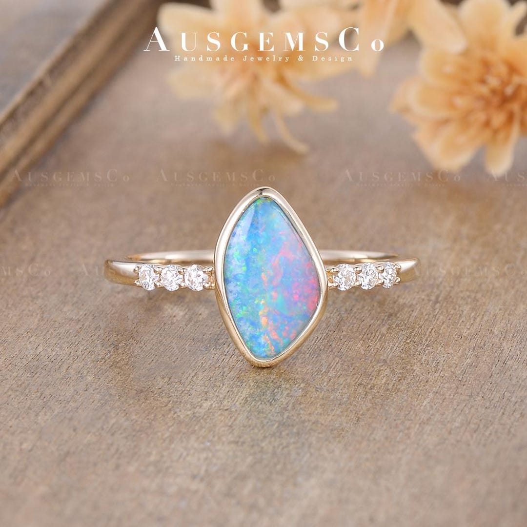 Unique Natural Opal Engagement Ring Diamond Wedding Ring Minimalist ...