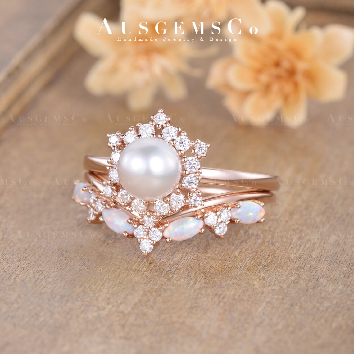 Vintage Akoya Pearl Engagement Ring Set Halo Moissanite Flower Bridal ...
