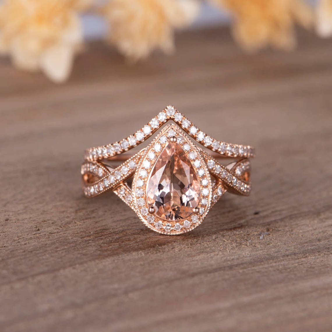 Pear Shaped Engagement Ring Rose Gold Morganite Ring Set | Etsy