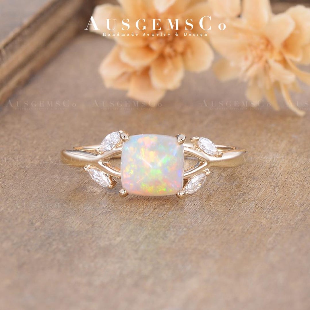 Unique Pyramid Cut Opal Engagement Ring Dainty Marquise Moissanite ...