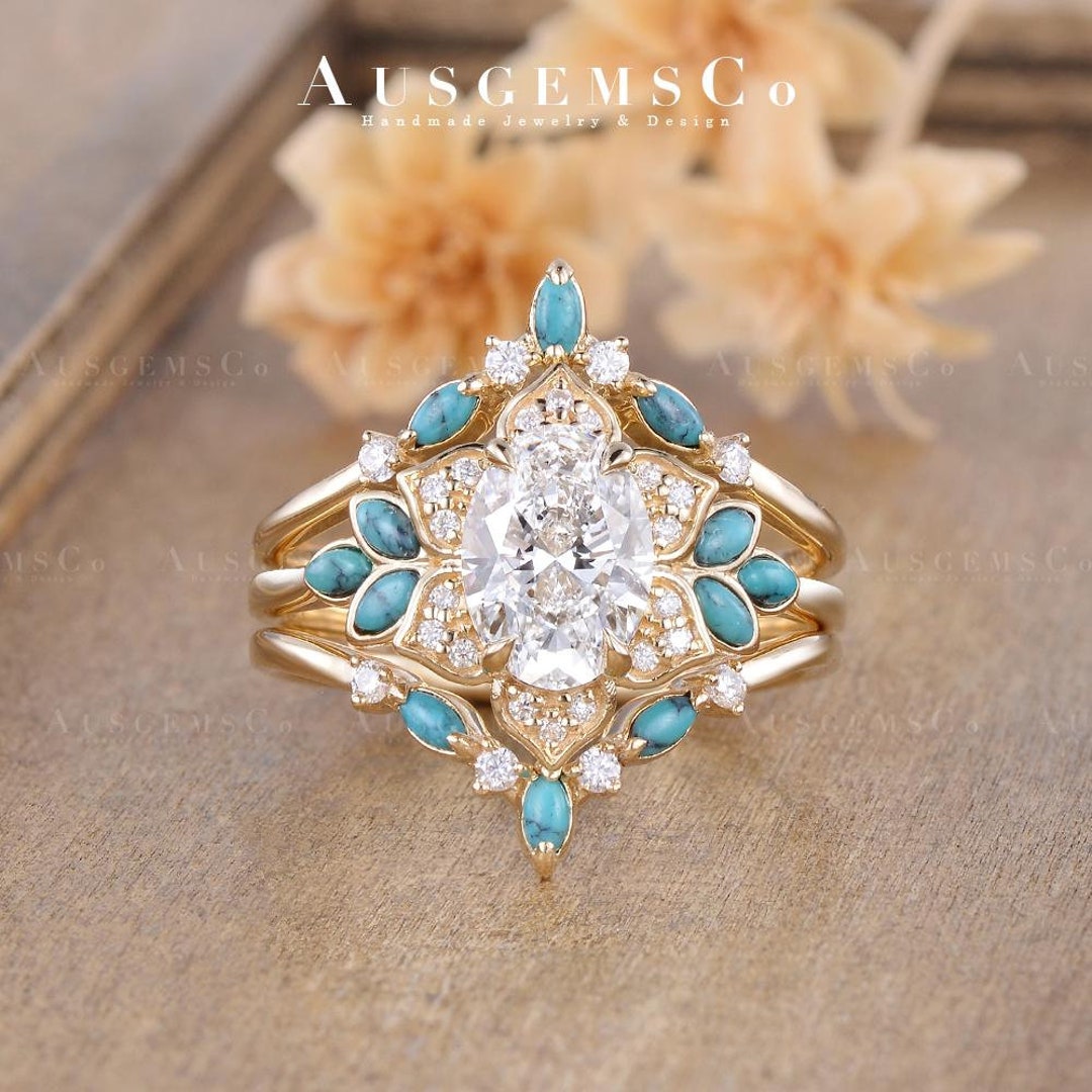 Unique Lab Grown Diamond Engagement Ring Set Antique Yellow Gold Halo ...