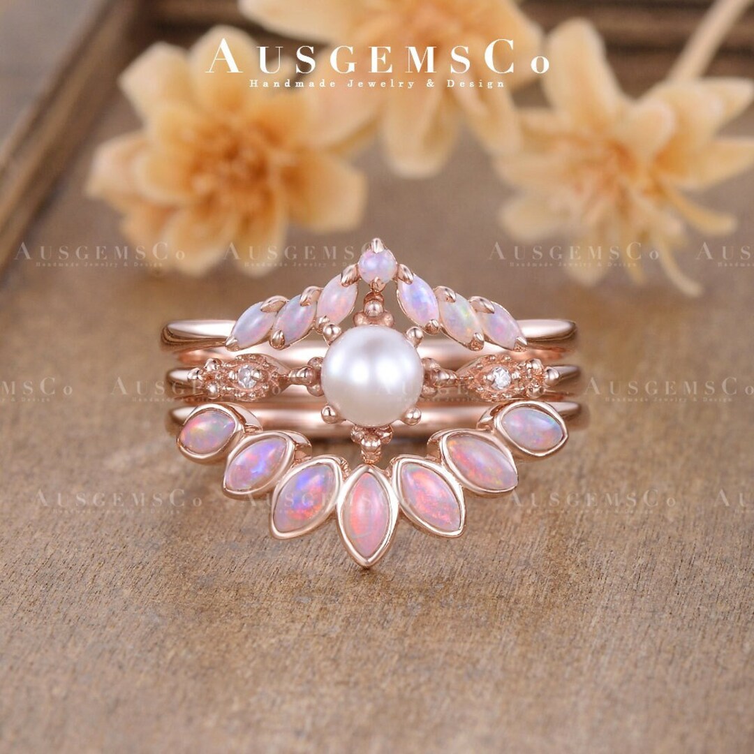 Vintage Akoya Pearl Engagement Ring Set Unique Marquise Natural Opal ...