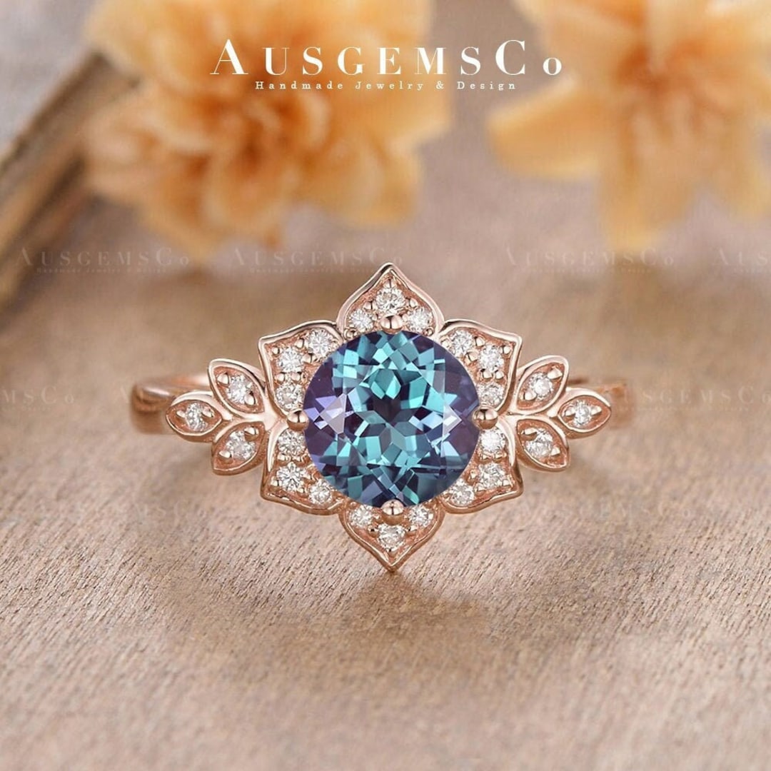 Unique Alexandrite Engagement Ring Rose Gold Flower Moissanite Halo ...