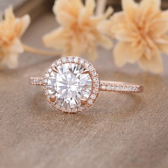 Halo Moissanite Anello di fidanzamento oro rosa diamante rotondo taglio unico mezza eternita matrimonio sposa anniversario regalo per le donne anello di promessa Etsy Italia