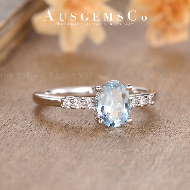 White Gold Aquamarine Engagement Ring Bridal Ring Solitaire | Etsy