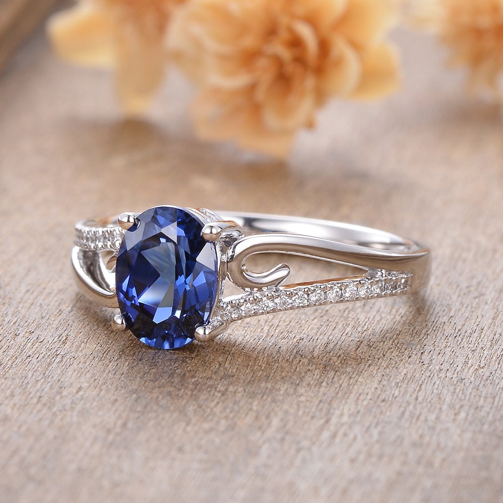 Blue Sapphire Engagement Ring White Gold Oval Cut Bridal Promise Ring ...