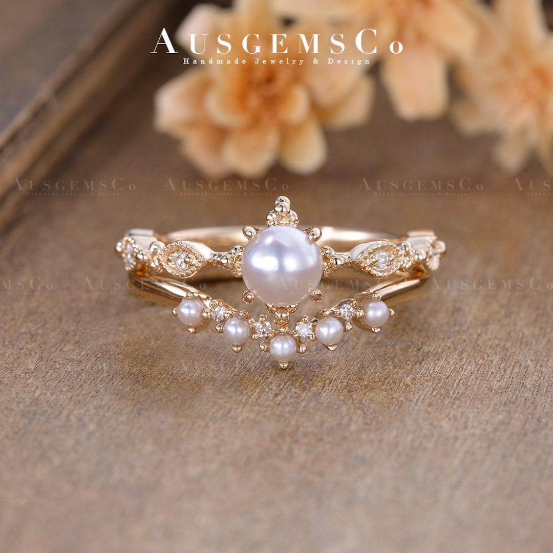 Pearl Engagement Ring Set Yellow Gold Bridal Set Vintage Diamond Ring ...
