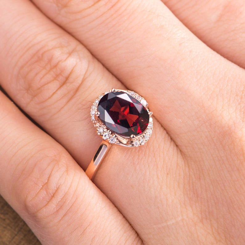 Garnet Engagement Ring Rose Gold January Birthstone Diamond Oval Cut ...