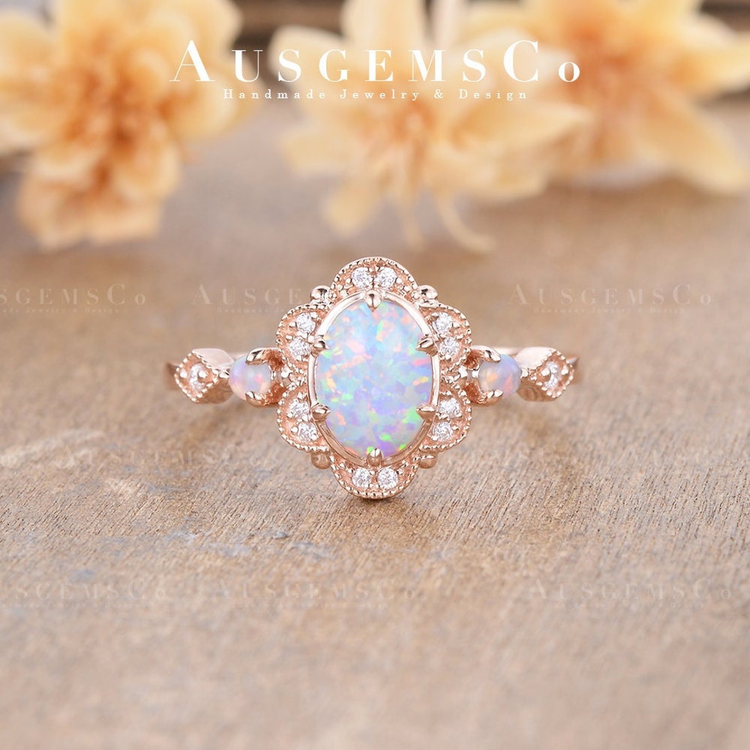 Antique Flower Ring Opal Engagement Ring Rose Gold Oval Cut Wedding ...