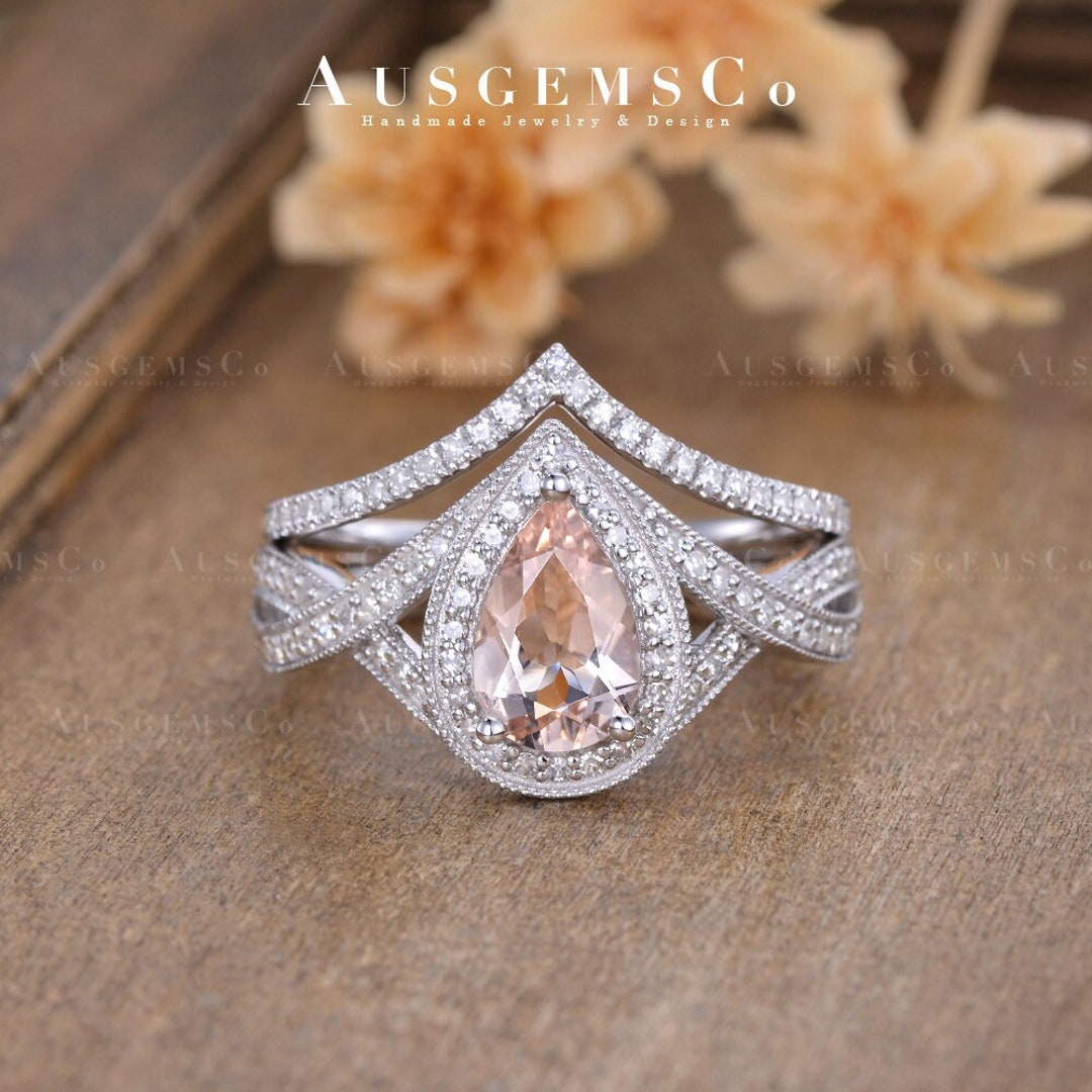Vintage Morganite Engagement Ring Set Rose Gold Pear Morganite Bridal ...