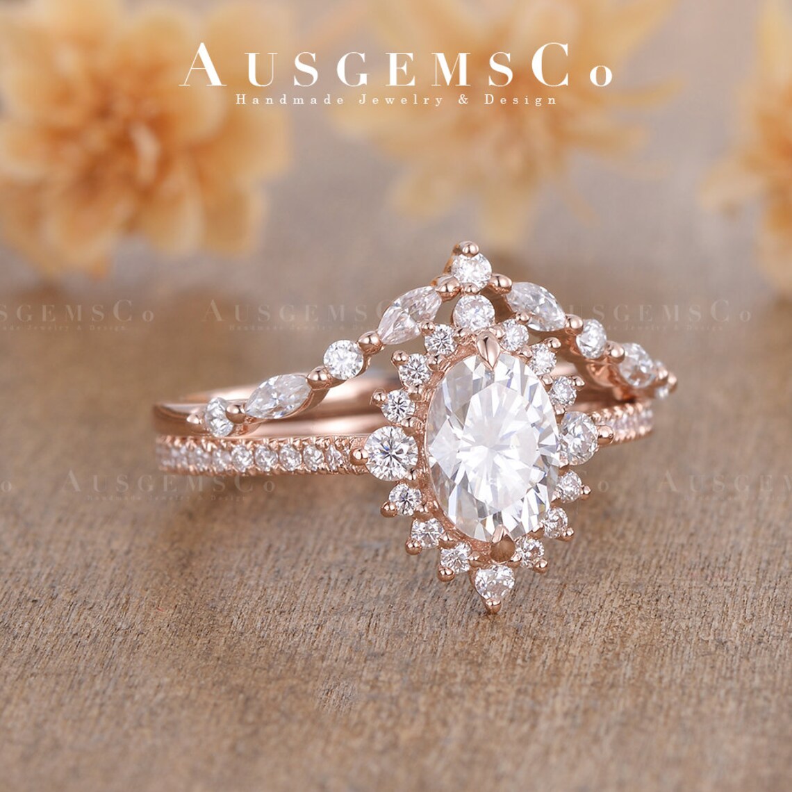 Oval Cut Moissanite Engagement Ring Rose Gold Bridal Set 2 - Etsy