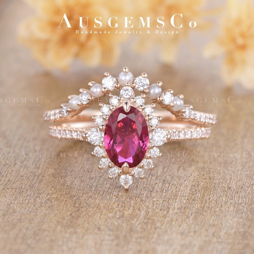 Vintage Halo Ruby Engagement Ring Sets Oval Cut Rose Gold Bridal Rings ...