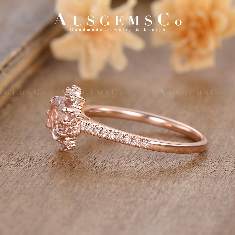 Morganite Engagement Ring Rose Gold Round Cut Unique Halo Diamond ...