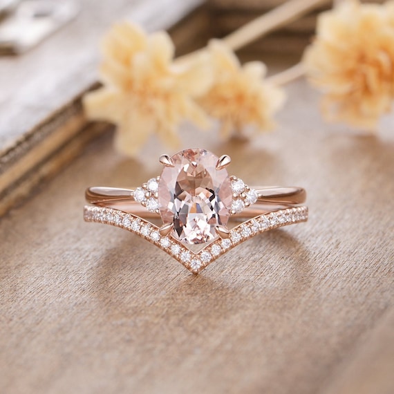 8x10mm Oval Cut Morganite Engagement Ring Set Rose Gold Bridal Set Cluster Solitaire Half Eternity Diamond Women Anniversary Antique Wedding Etsy