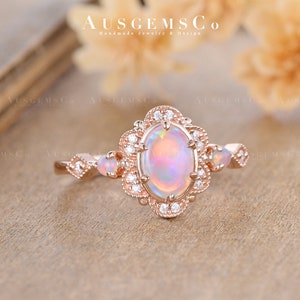 Antique Flower Opal Engagement Ring Rose Gold Oval Fire Opal Wedding Ring Women Diamond Halo ...