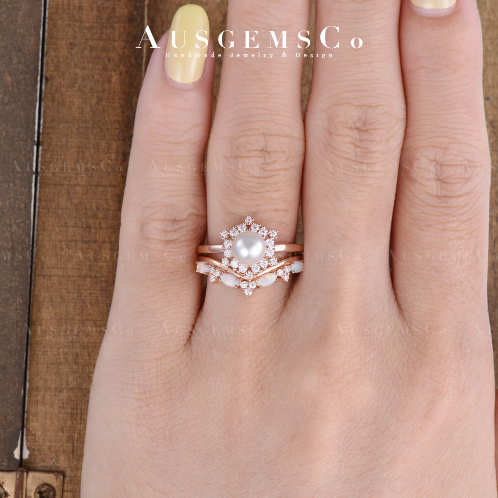 Vintage Akoya Pearl Engagement Ring Set Halo Moissanite Flower Bridal ...