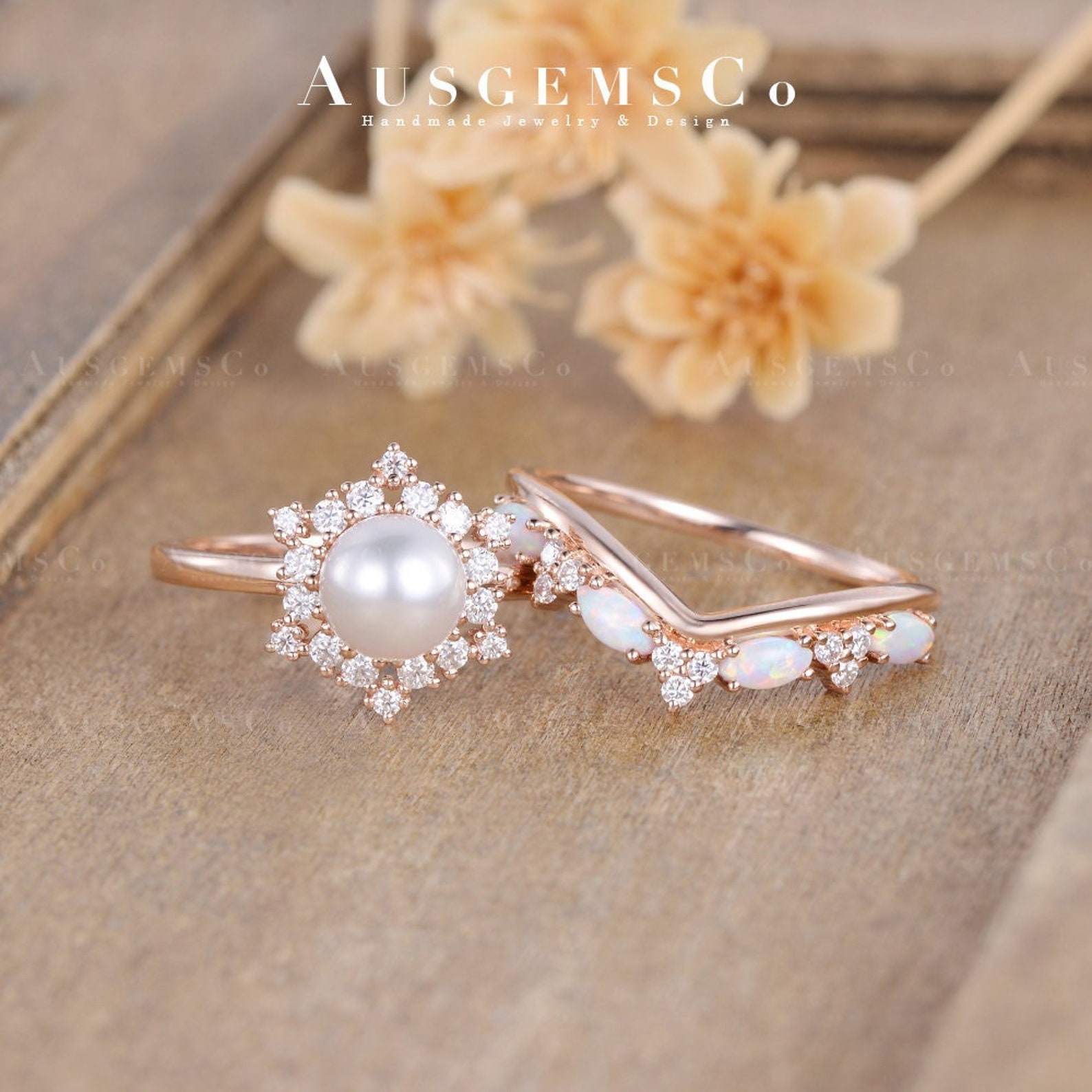 Vintage Akoya Pearl Engagement Ring Set Halo Moissanite Flower Bridal ...