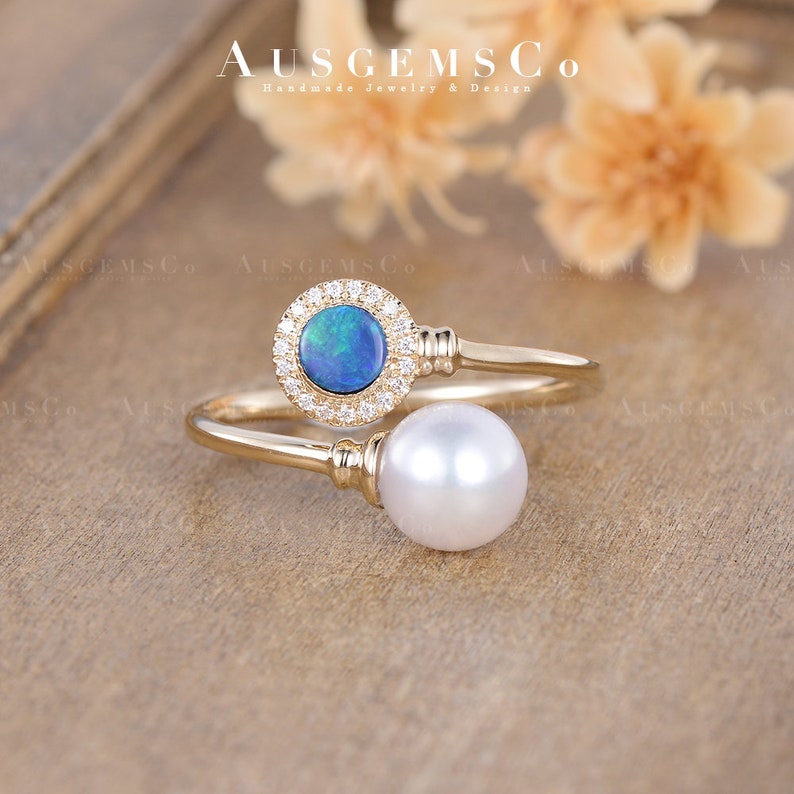 Natural Akoya Pearl Opal Engagement Ring Unique Blue Opal Statement ...