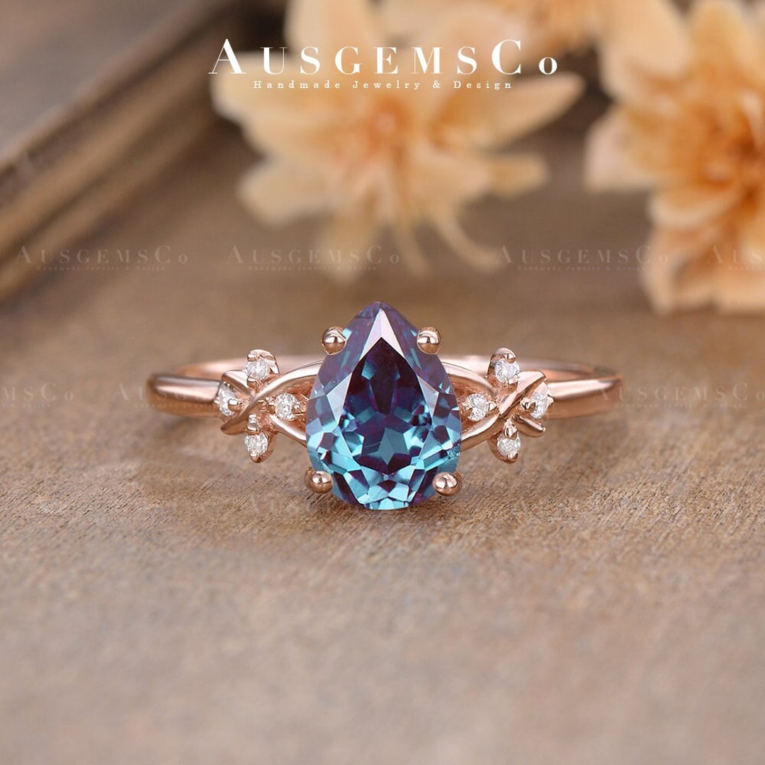 Pear Alexandrite Engagement Ring Vintage Rose Gold Women Leaf Ring Art ...