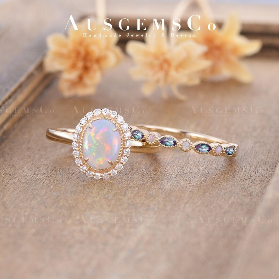 Australian Opal and Alexandrite Ring Set 2pcs Natural Opal Engagement ...