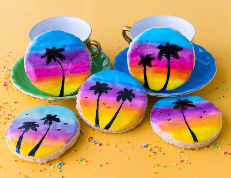 12 Summer Tropical Sunset Palm Painted Cookies Vegan | Etsy