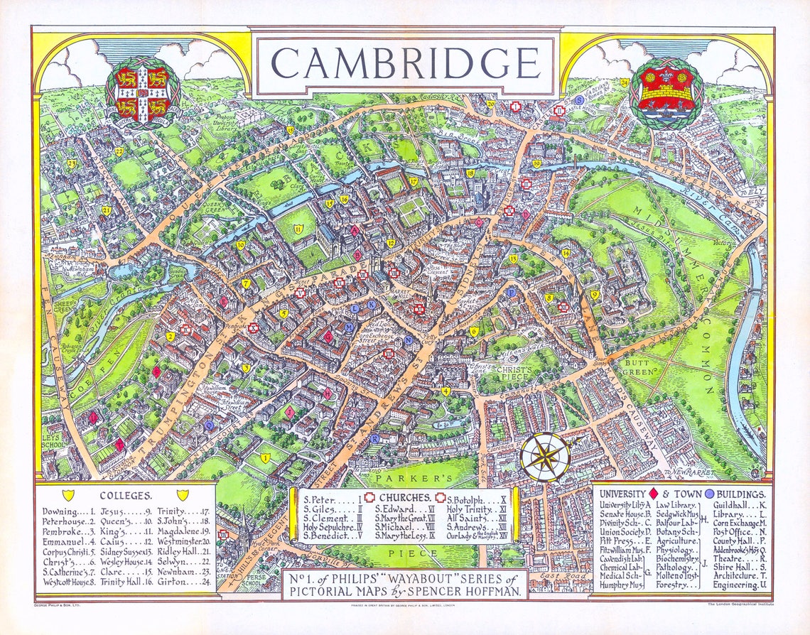 CAMBRIDGE University Map ENGLAND Vintage Wall Art Campus - Etsy