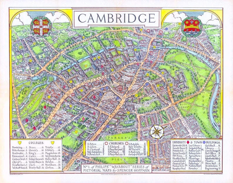 CAMBRIDGE University Map ENGLAND Vintage Wall Art Campus - Etsy