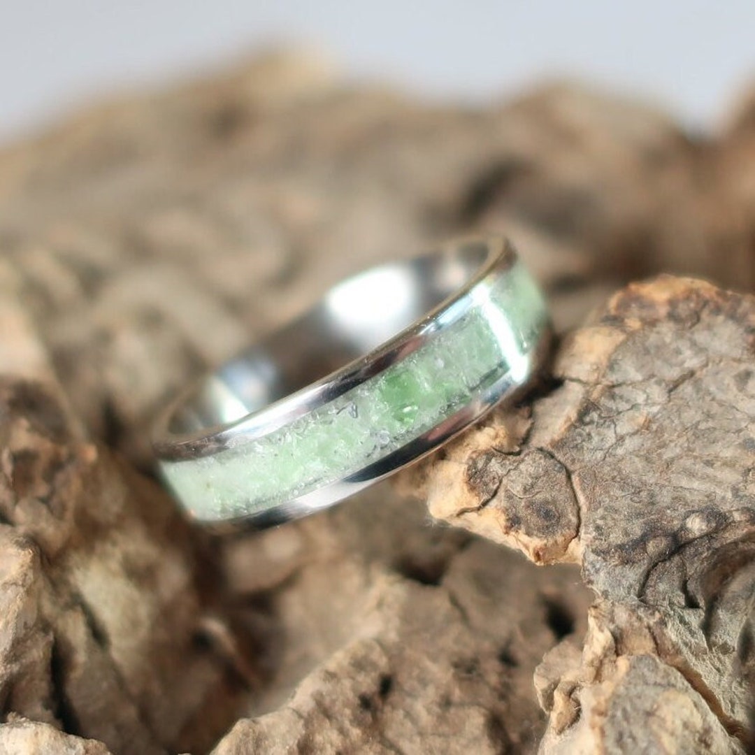 Sea Glass Ring, GLOWS in the Dark, Stainless Steel Inlay Ring, Crushed ...