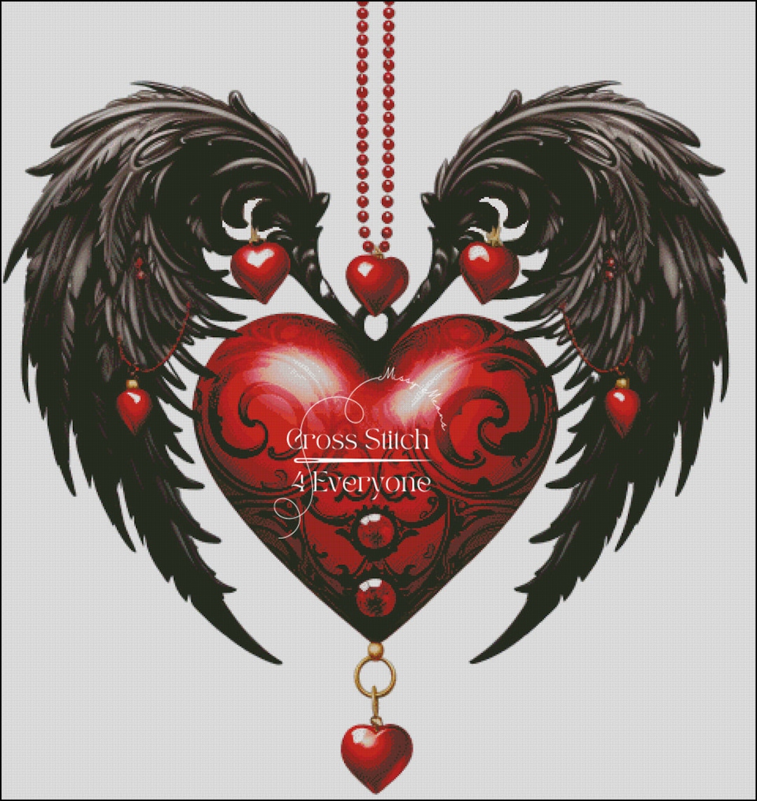 A Goth Heart With Feathers Counted Cross Stitch Pattern Digital Pdf - Etsy