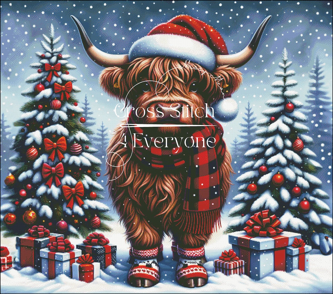 Whimsical Highland Cow Plaid Scarf Cute Holiday Counted Cross Stitch ...
