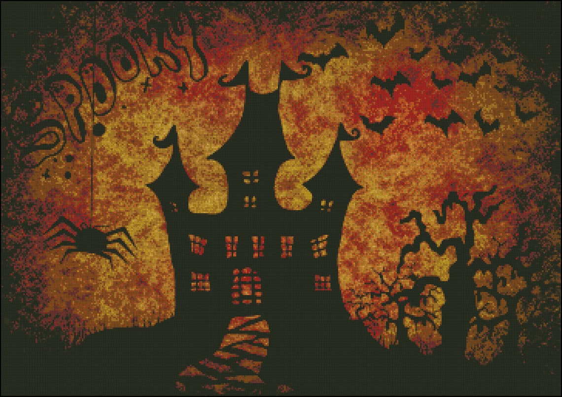 Halloween Spooky Spiders and Bats House Sunset Counted Cross - Etsy