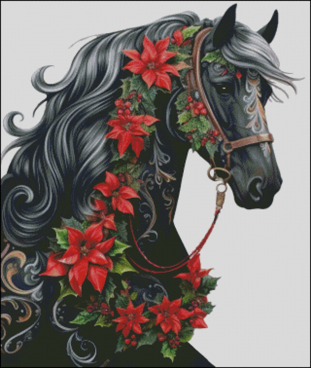 Friesian Horse With Poinsettia Flowers Christmas Festive Holiday ...
