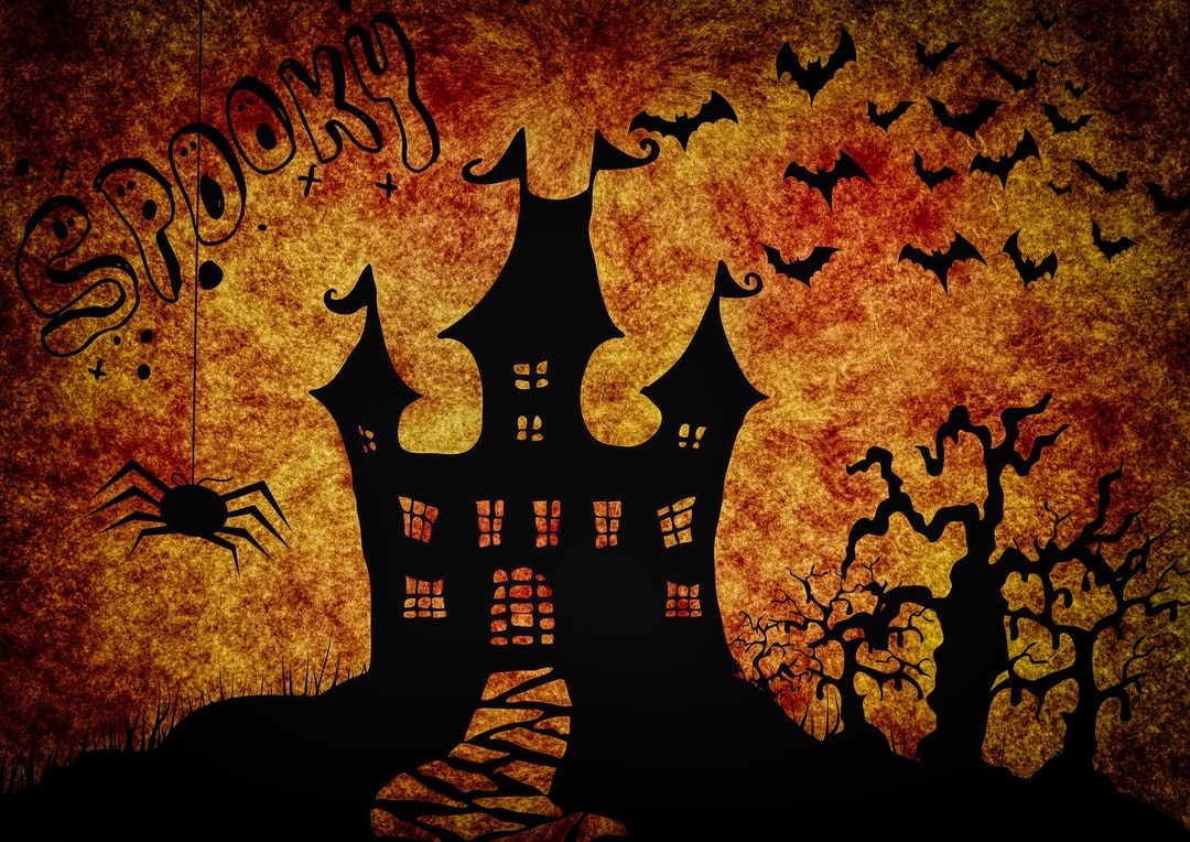 Halloween Spooky Spiders and Bats House Sunset Counted Cross Stitch ...