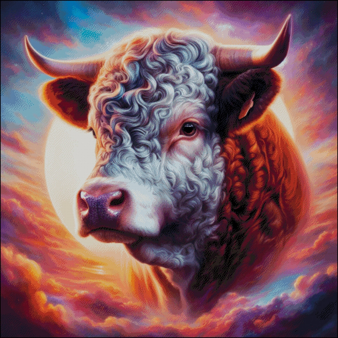 A Hereford Bull With Horns a Sunset Counted Cross Stitch Pattern ...