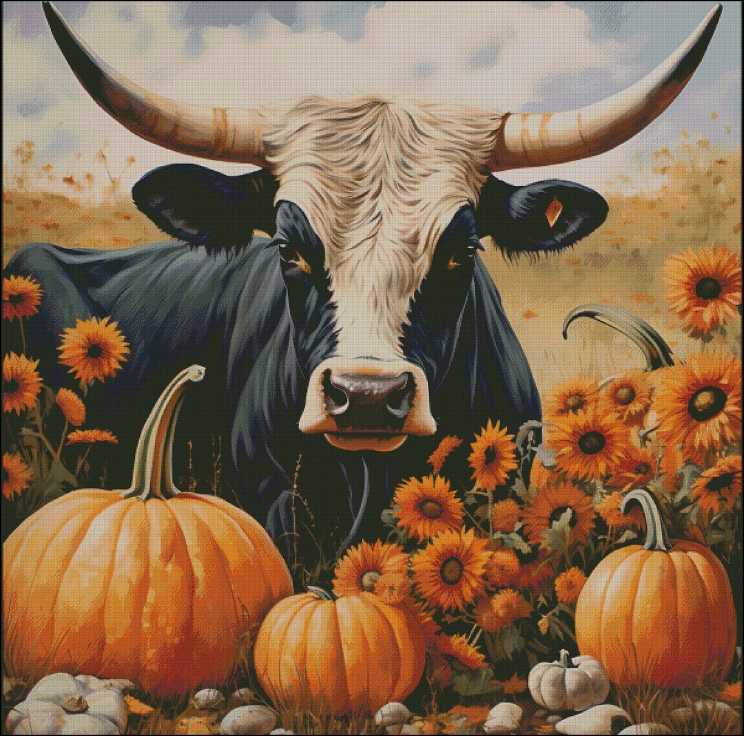 Black White Face Bull Autumn Scene Pumpkins Counted Cross Stitch ...
