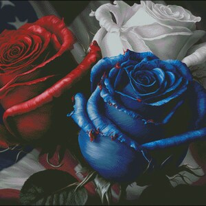Patriotic Roses Red White Blue Rose and Flag Counted Cross Stitch ...