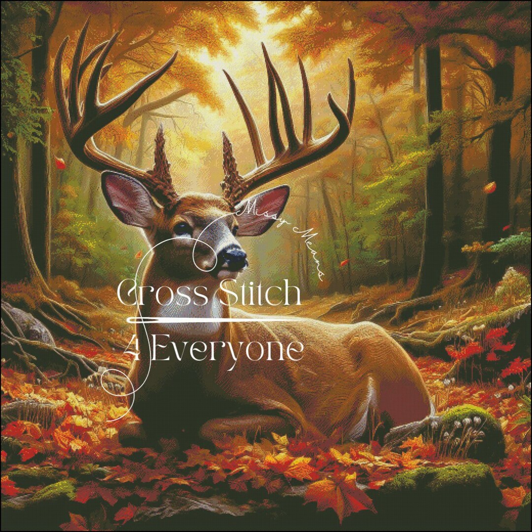 A Big Whitetail Buck Deer Among Autumn Colors and Timber Counted Cross ...