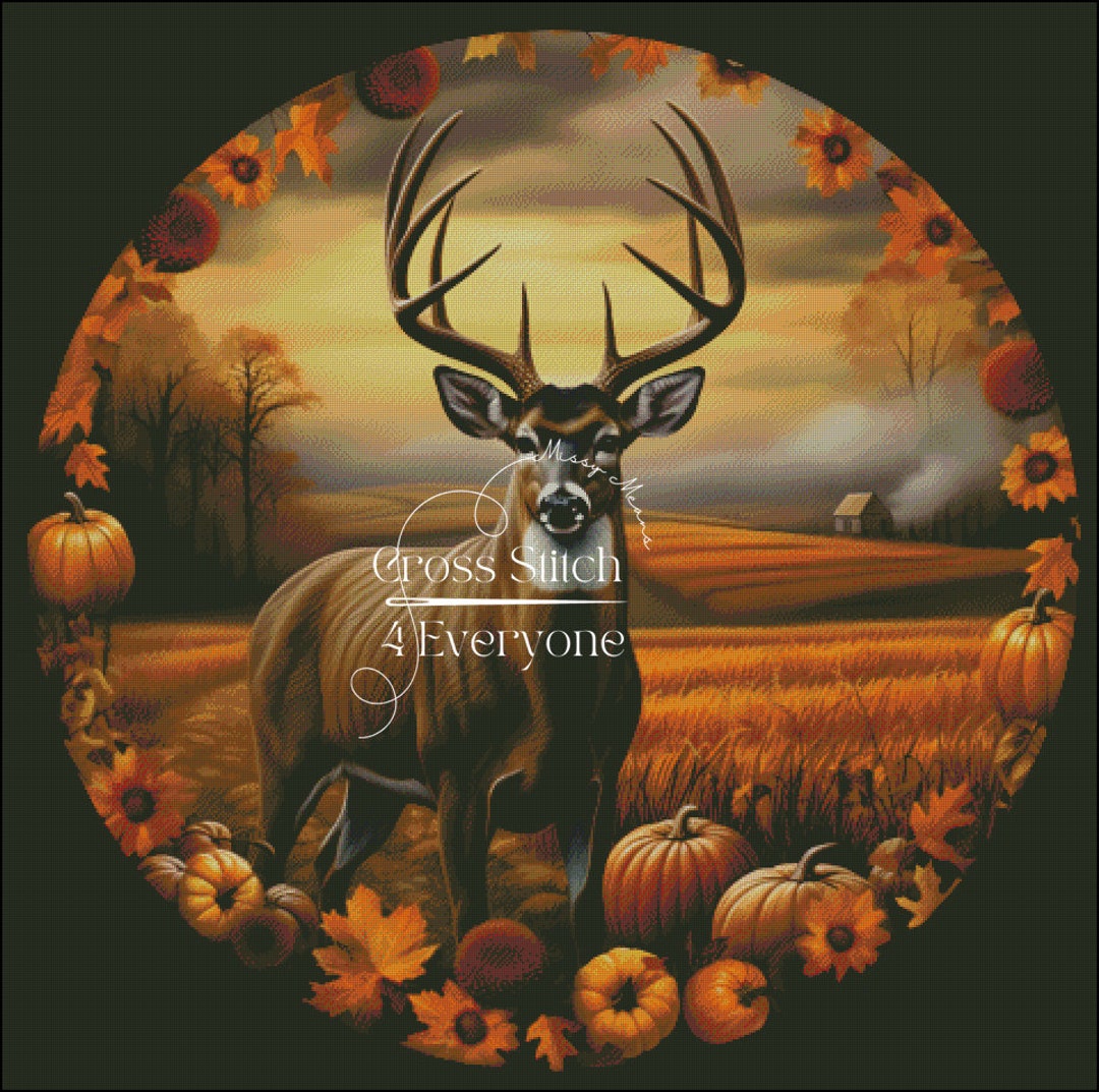 Whitetail Buck Deer Autumn Scene Counted Cross Stitch Pattern Digital ...